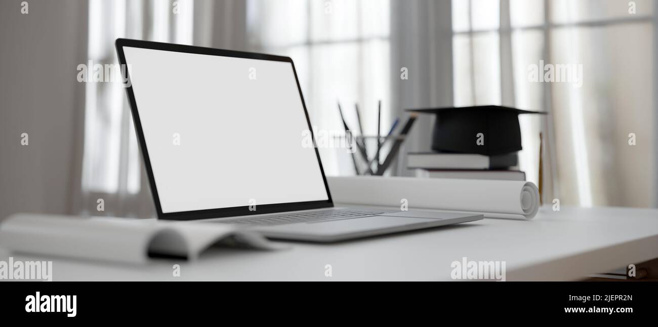 Close-up, Modern college student working desk with laptop computer ...