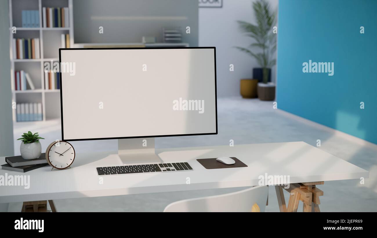 Modern office desk in a company interior design with PC desktop ...