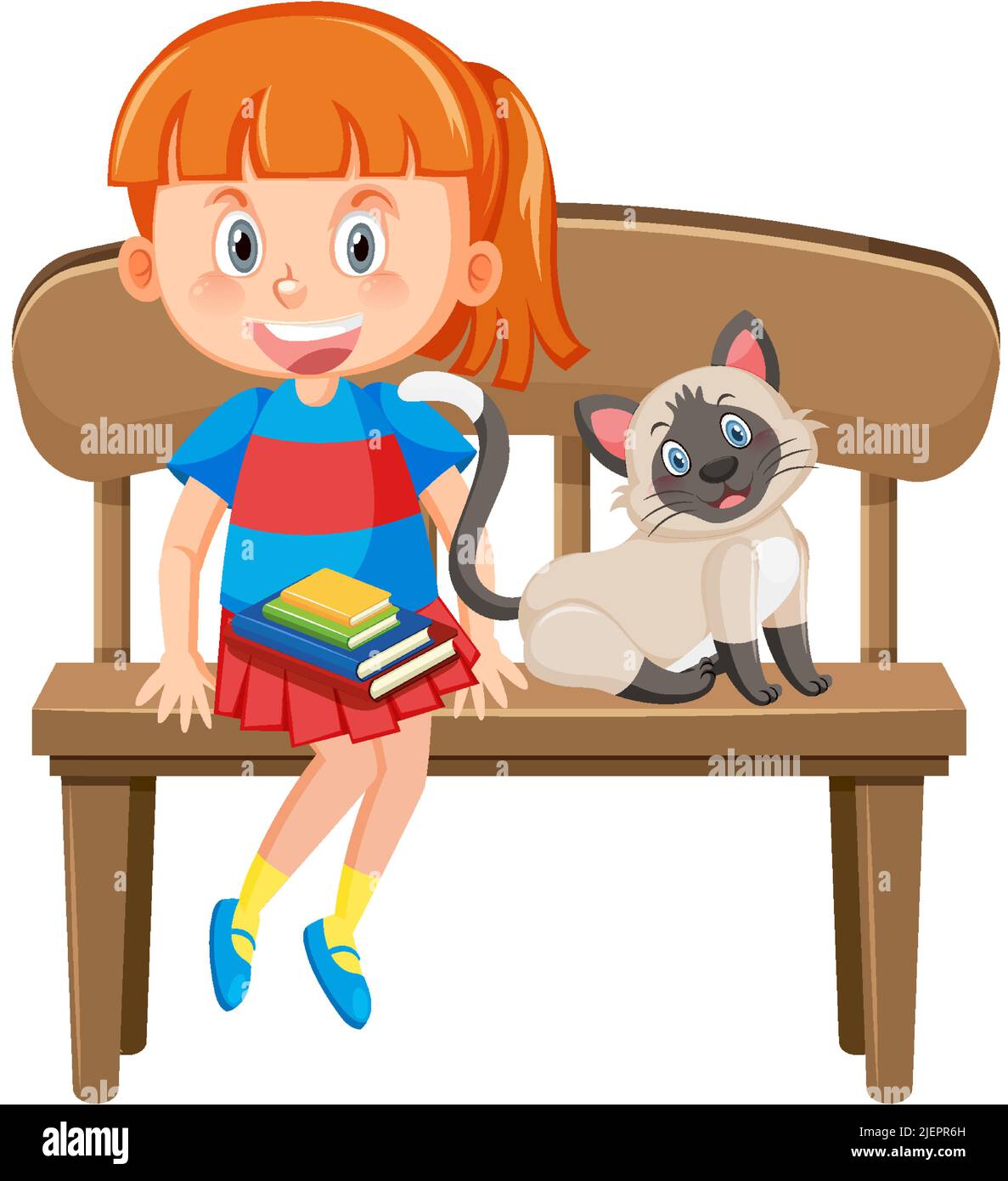 A girl reading book sitting on bench with a cat illustration Stock ...