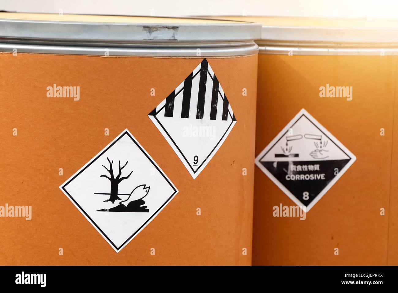 Wooden barrel with dangerous chemicals and symbols Stock Photo - Alamy