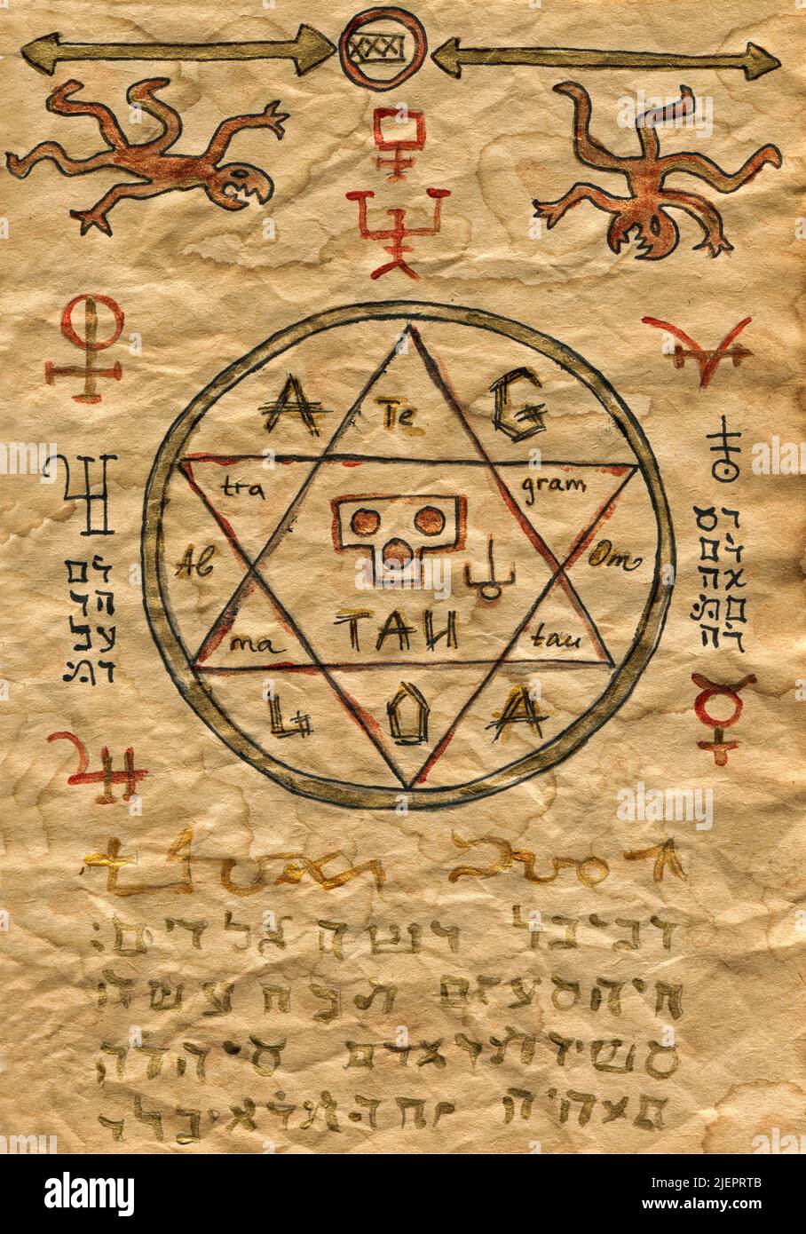 Hand drawn Halloween illustration of old page with wicca and mystic ...