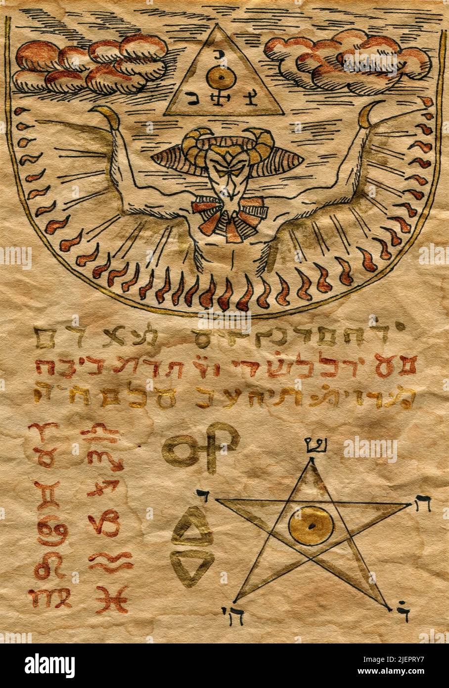 Hand drawn Halloween illustration of old page with wicca and mystic ...