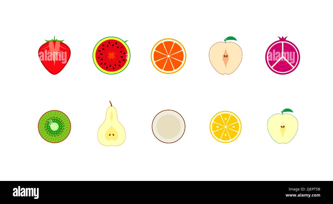 Strawberry, watermelon, orange and apple, pomegranate and coconut, pear ...