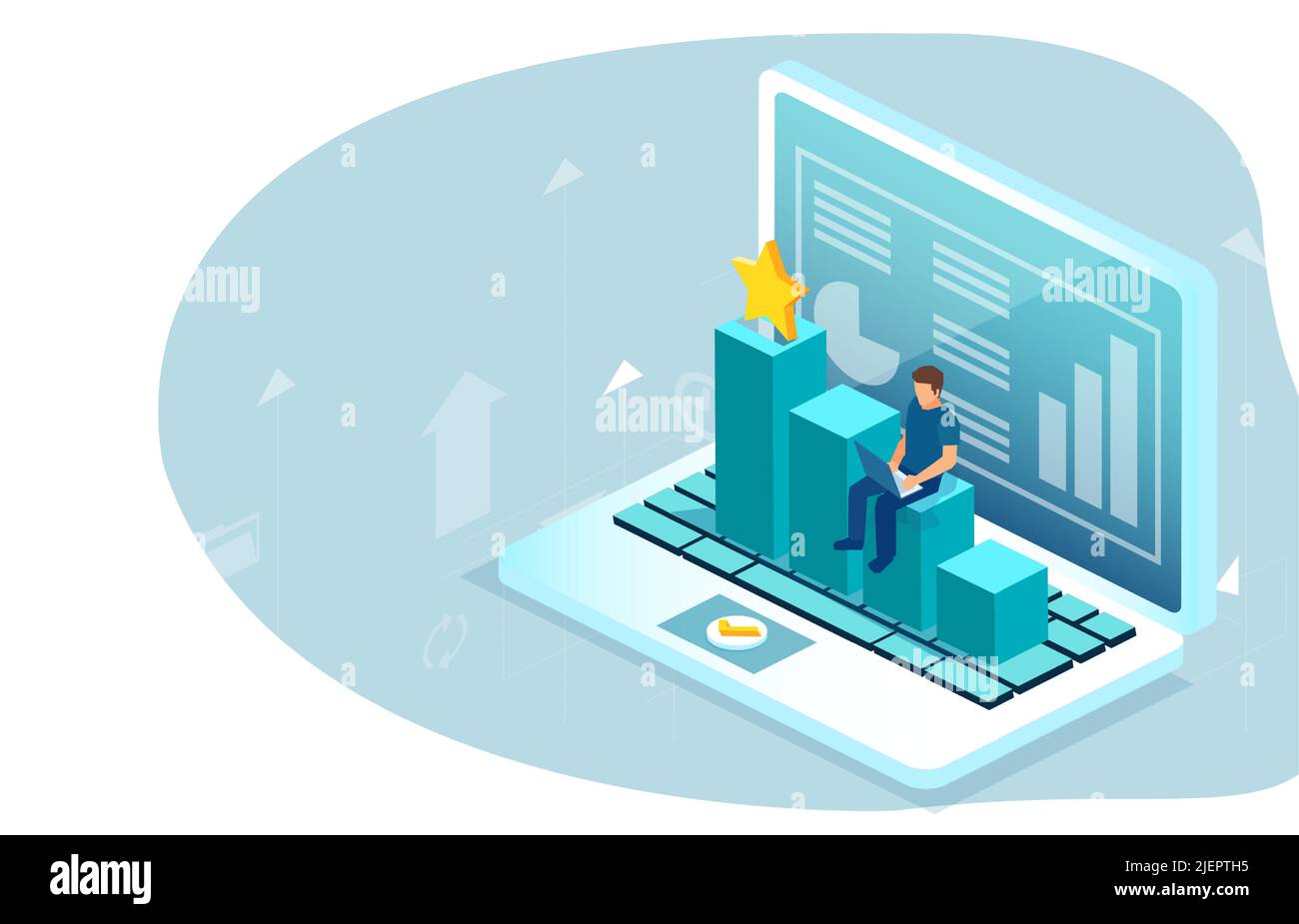 Vector of a man using laptop computer analysis financial data rating ...