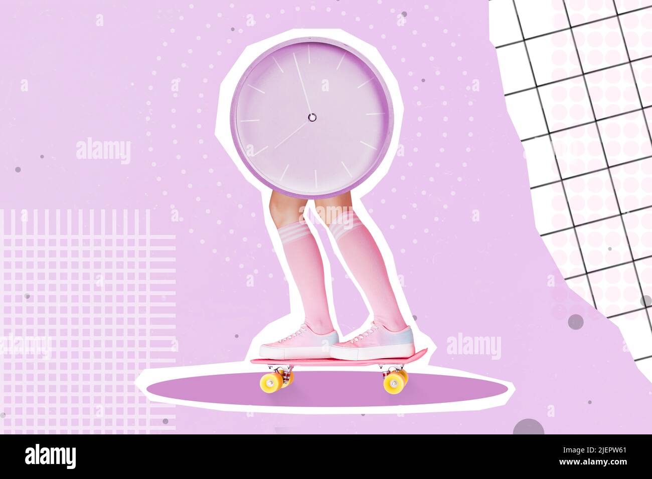 Photo cartoon comics sketch picture of clock on legs riding longboard ...