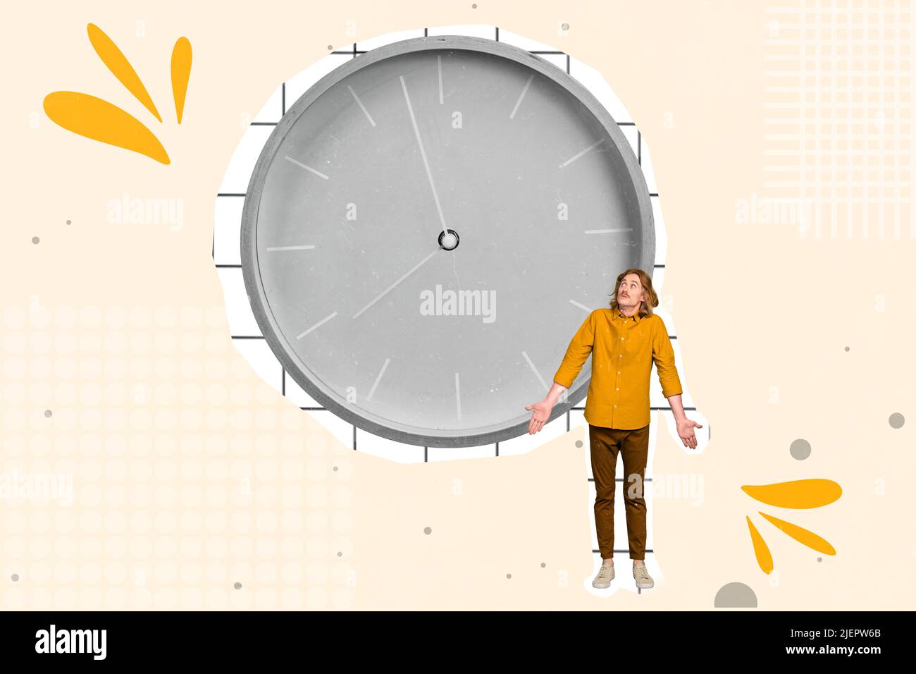 Collage 3d image of pinup pop retro sketch image of mini guy shrugging ...