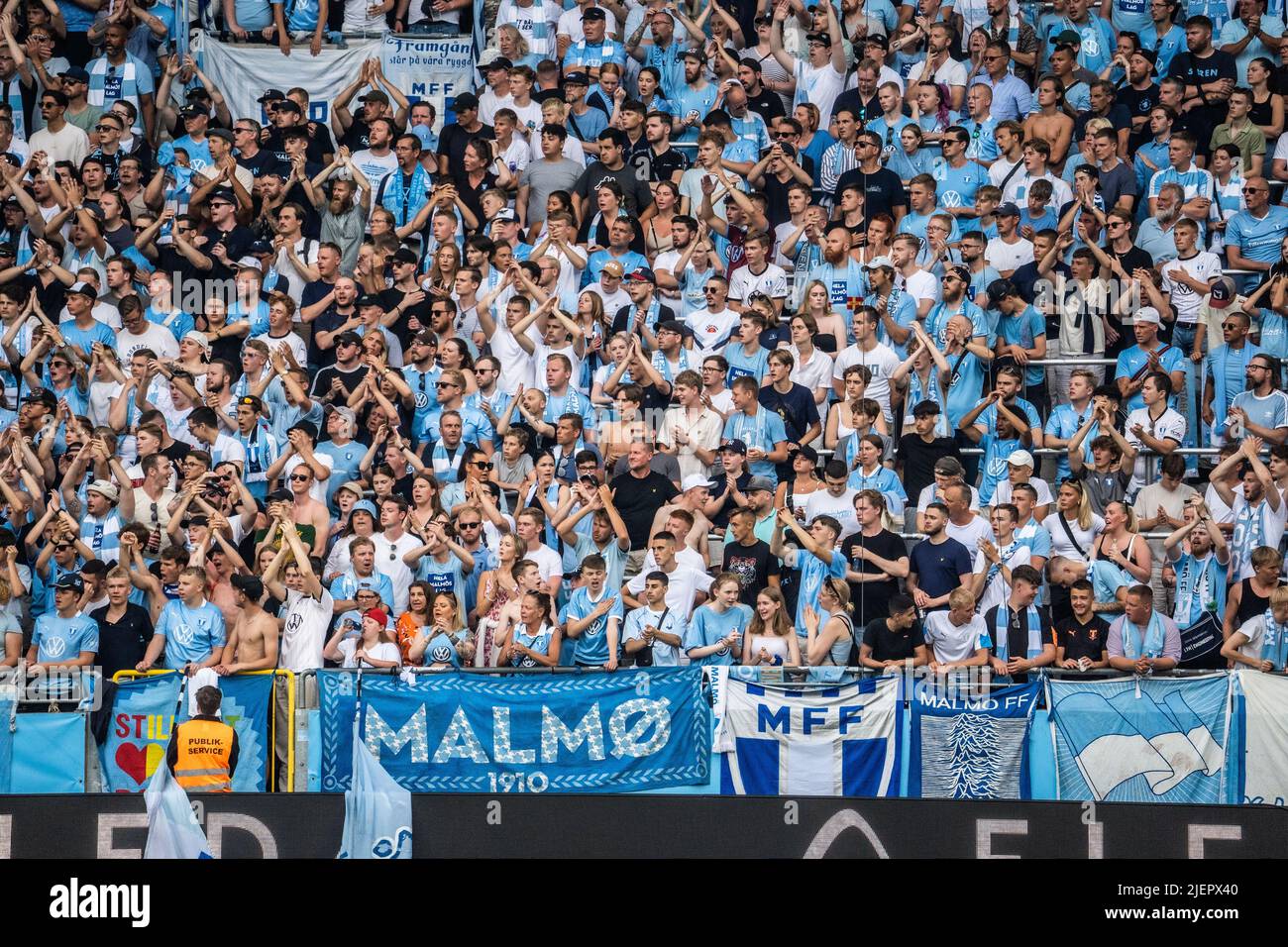Malmoe, Sweden. 27th June, 2022. Football fans of Malmoe FF seen on the ...