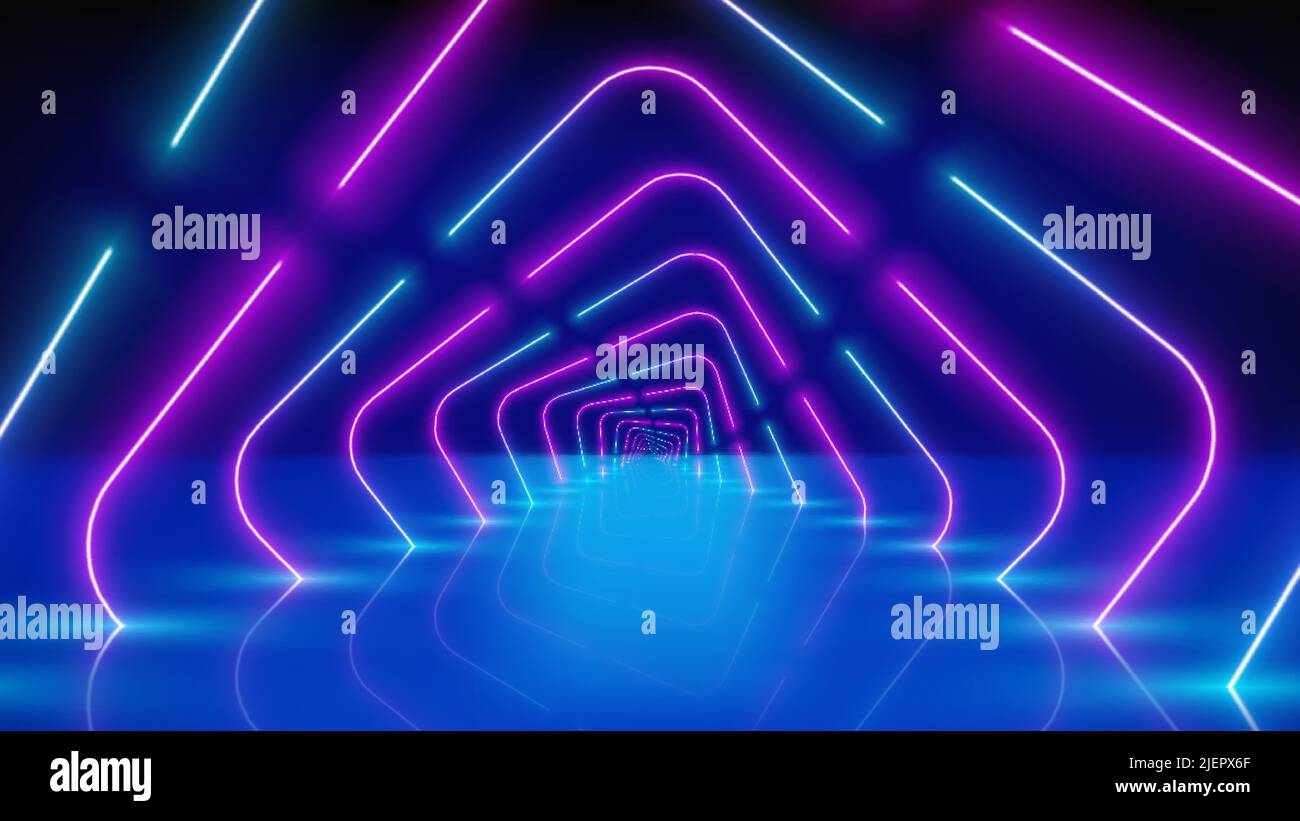 Glowing neon lines, tunnel, led arcade, stage. Abstract technology ...