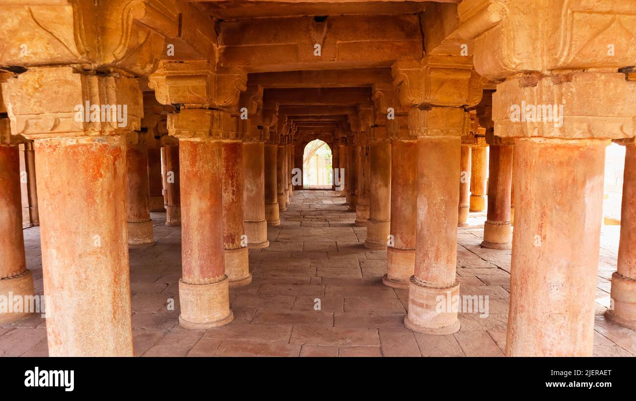 Assi Khamba Baoli with red painted columns, Gwalior Fort, Madhya ...