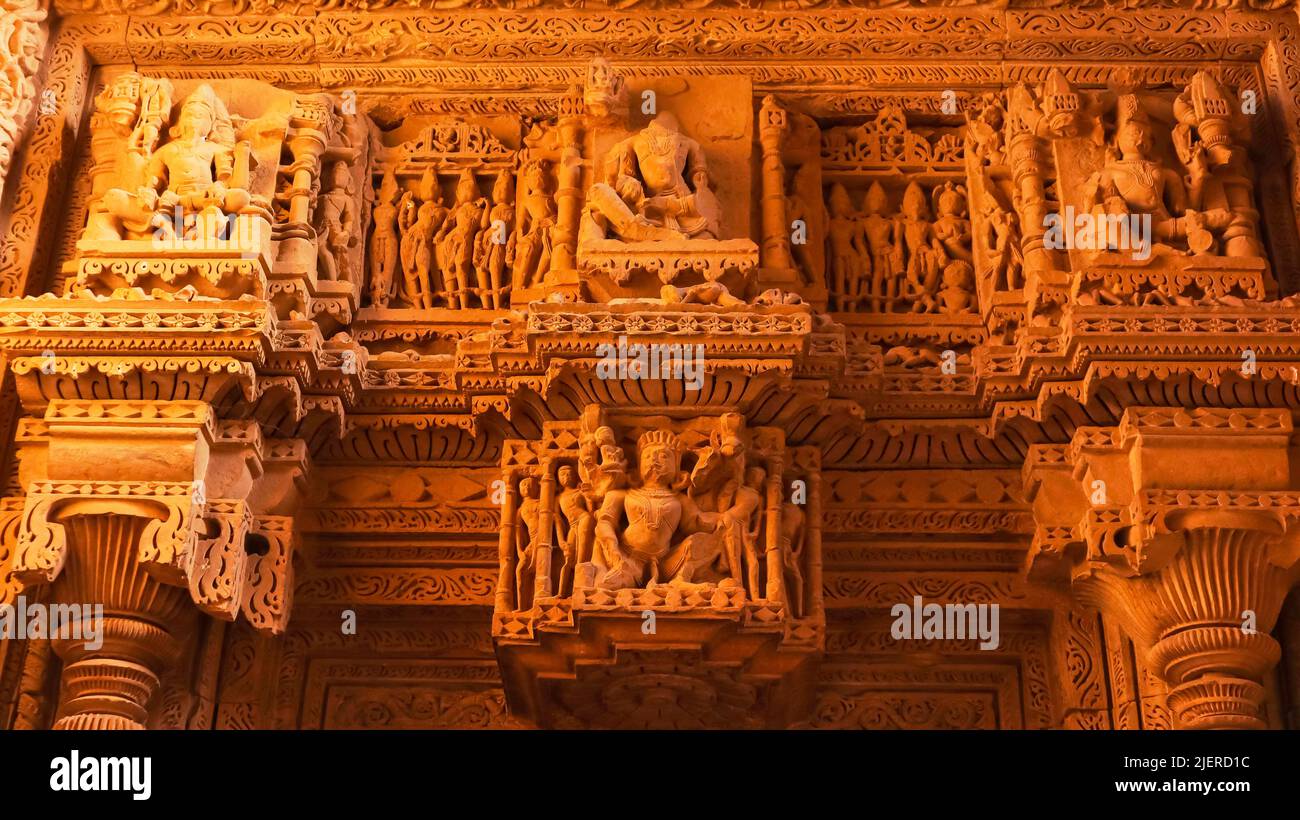 Carving of Lord Brahma, Vishnu and Mahesh on the entrance of Saas Bahu ...