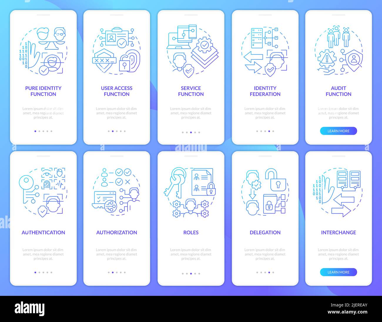 Identity management blue gradient onboarding mobile app screen set ...