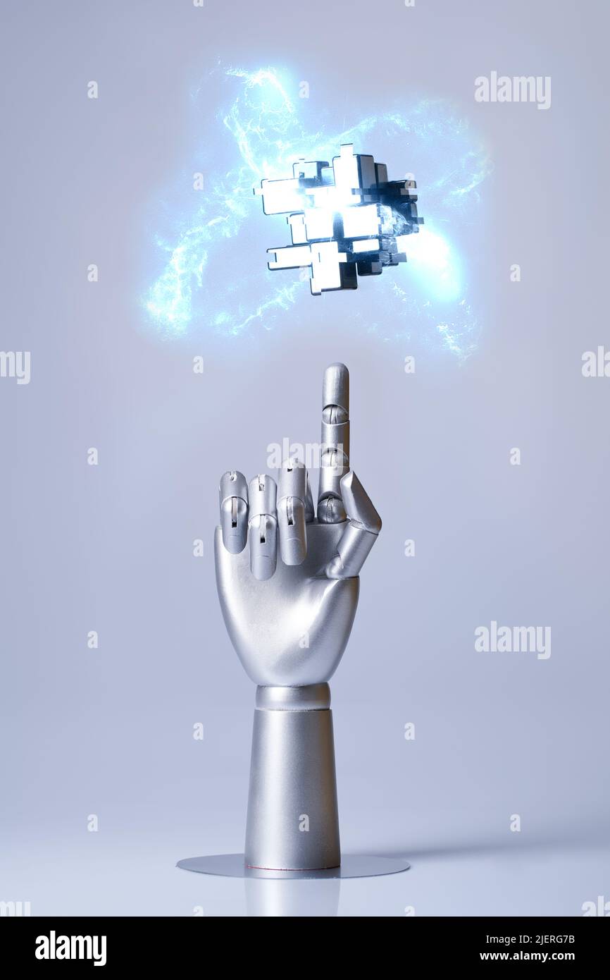 Mechanical robot arm or hand interacts with futuristic digital technologies. Concept of virtual ...