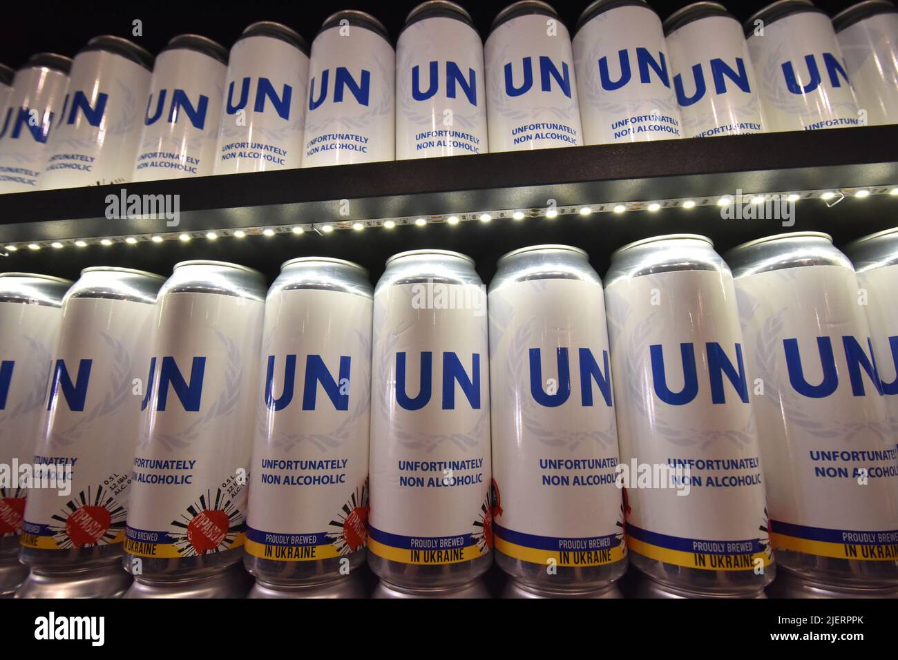 Banks of beer with the inscription UN (Unfortunately non-alcoholic ...
