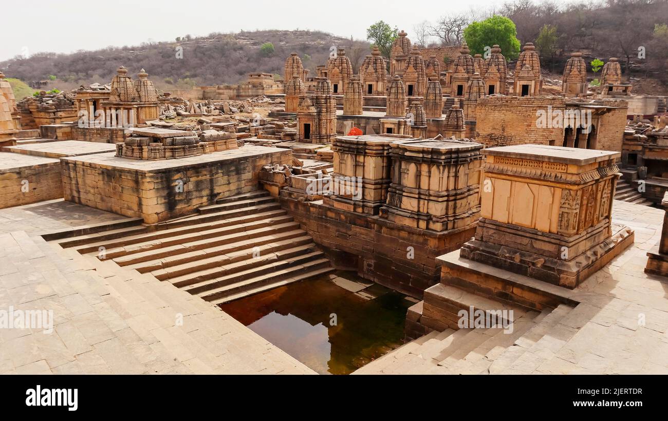 Full view of Bateshwara Group of Temples and small square well, Morena ...