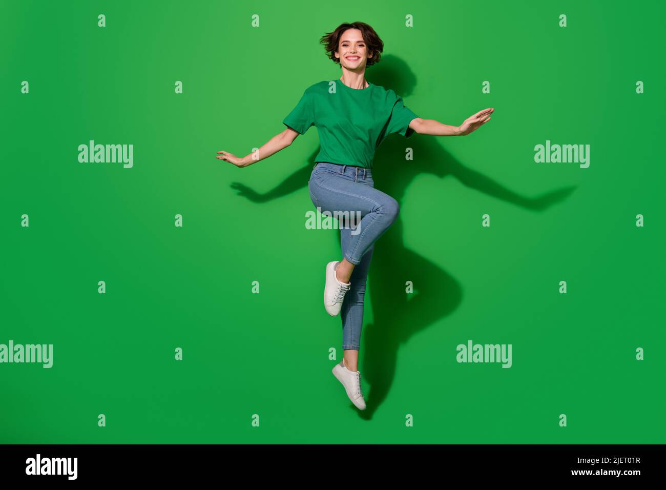 Full length photo of overjoyed glad person jumping have good mood ...