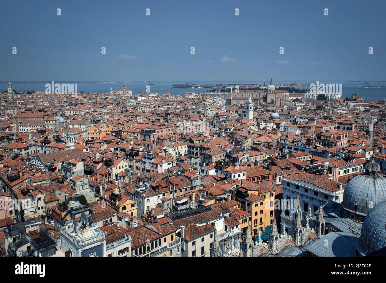 Aerial view from Campanile belltower over Venice rooftops towards ...