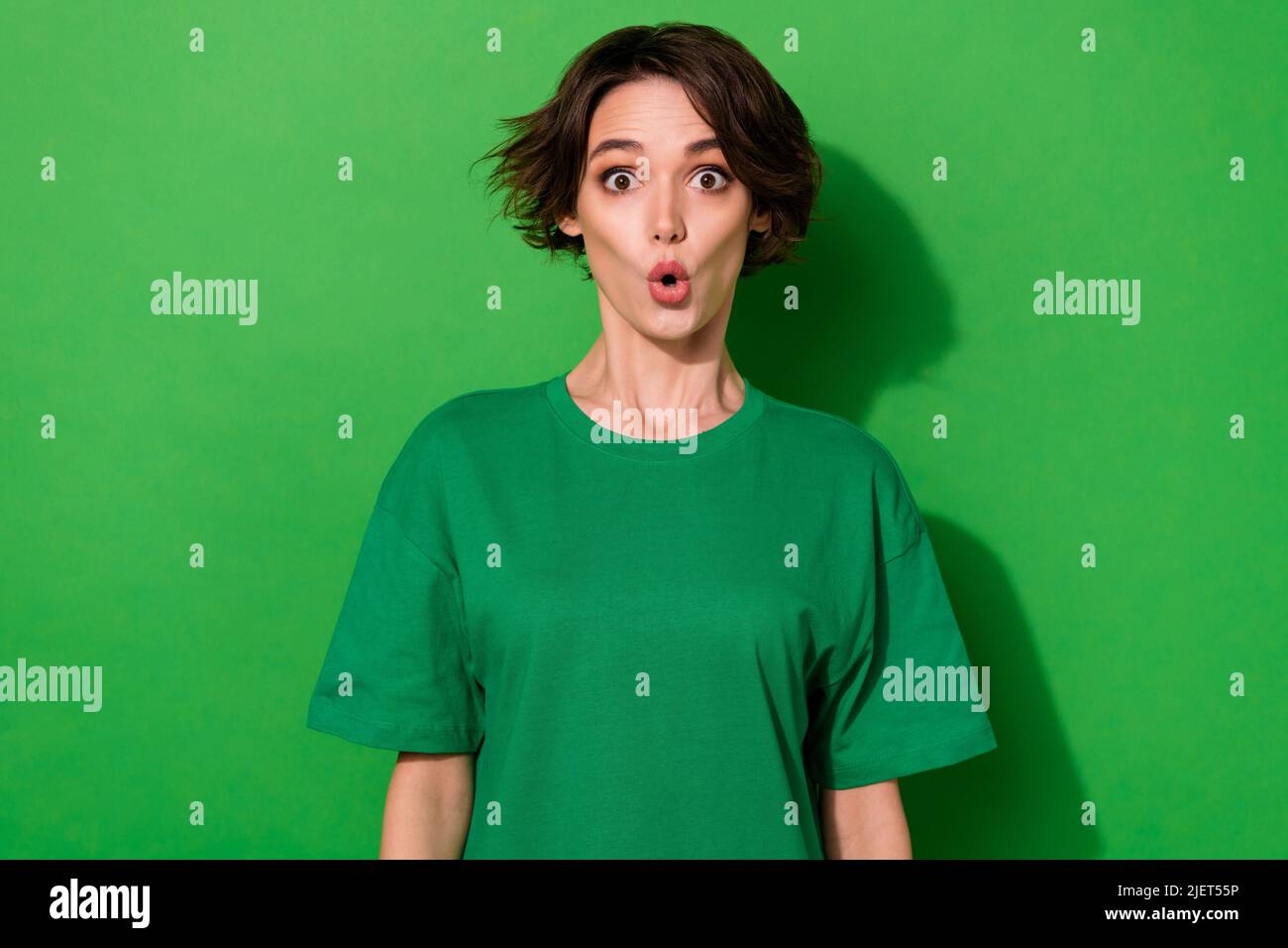 Photo of pretty impressed lady wear spring outfit big eyes isolated ...