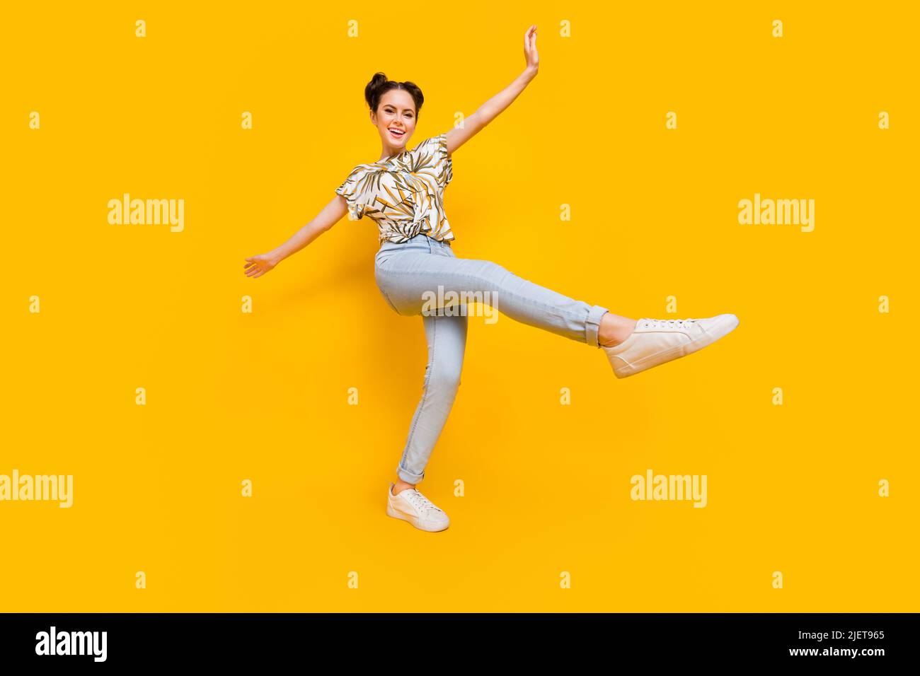 Photo of adorable sweet lady dressed print t-shirt smiling walking ...