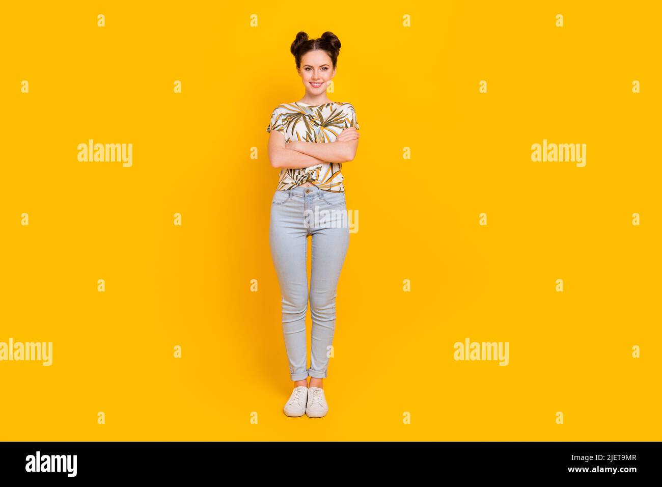 Photo of pretty adorable lady dressed print t-shirt hands folded ...