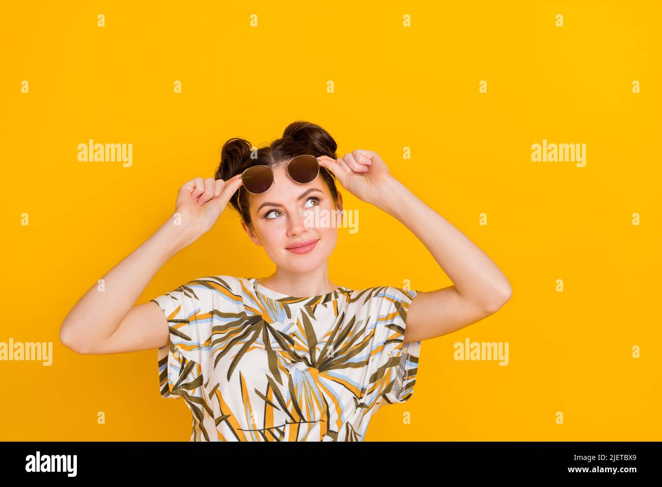 Photo of adorable sweet woman wear print t-shirt arms dark spectacles ...