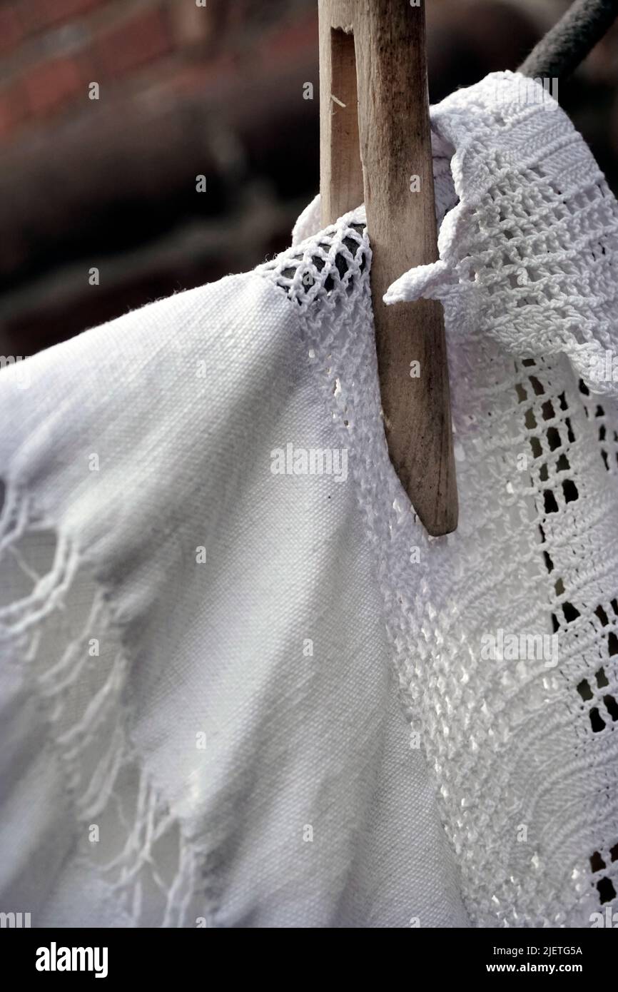 washing hung on linen line to dry Stock Photo - Alamy