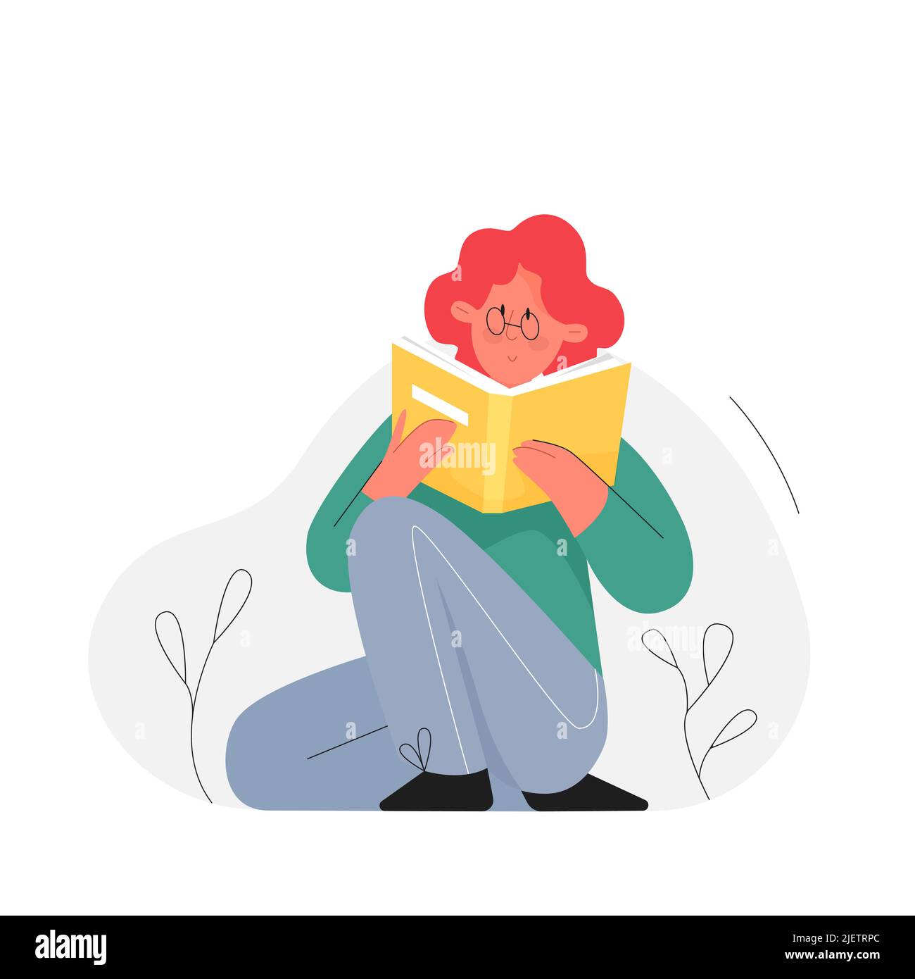 Sitting girl with glasses reading a story book. Educational process and ...