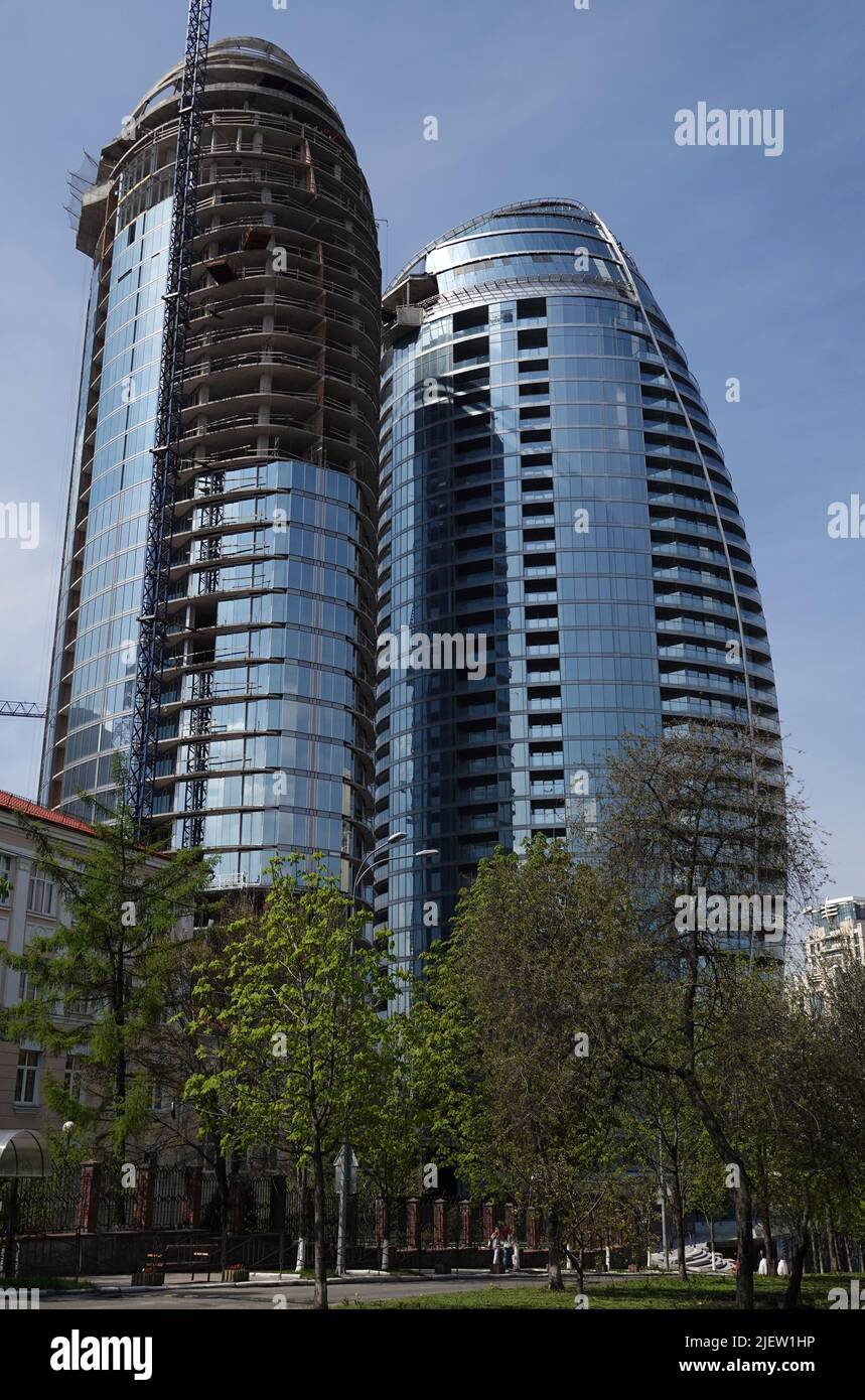 Kiev, Ukraine May 1, 2021: City high-rise building in the form of a ...
