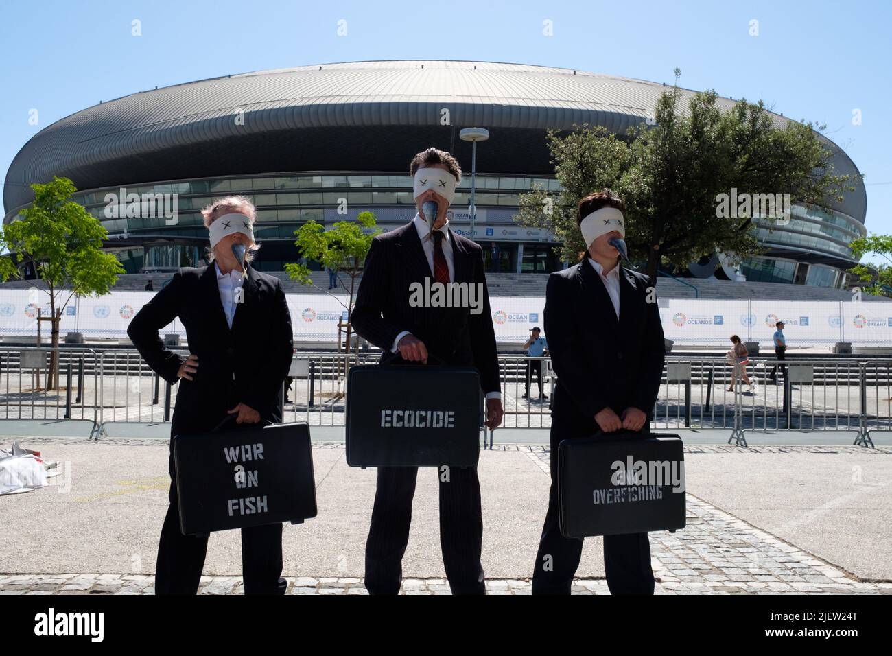 Lisbon, Portugal. 28th JUN 2022. Three blind personas with bandaged ...