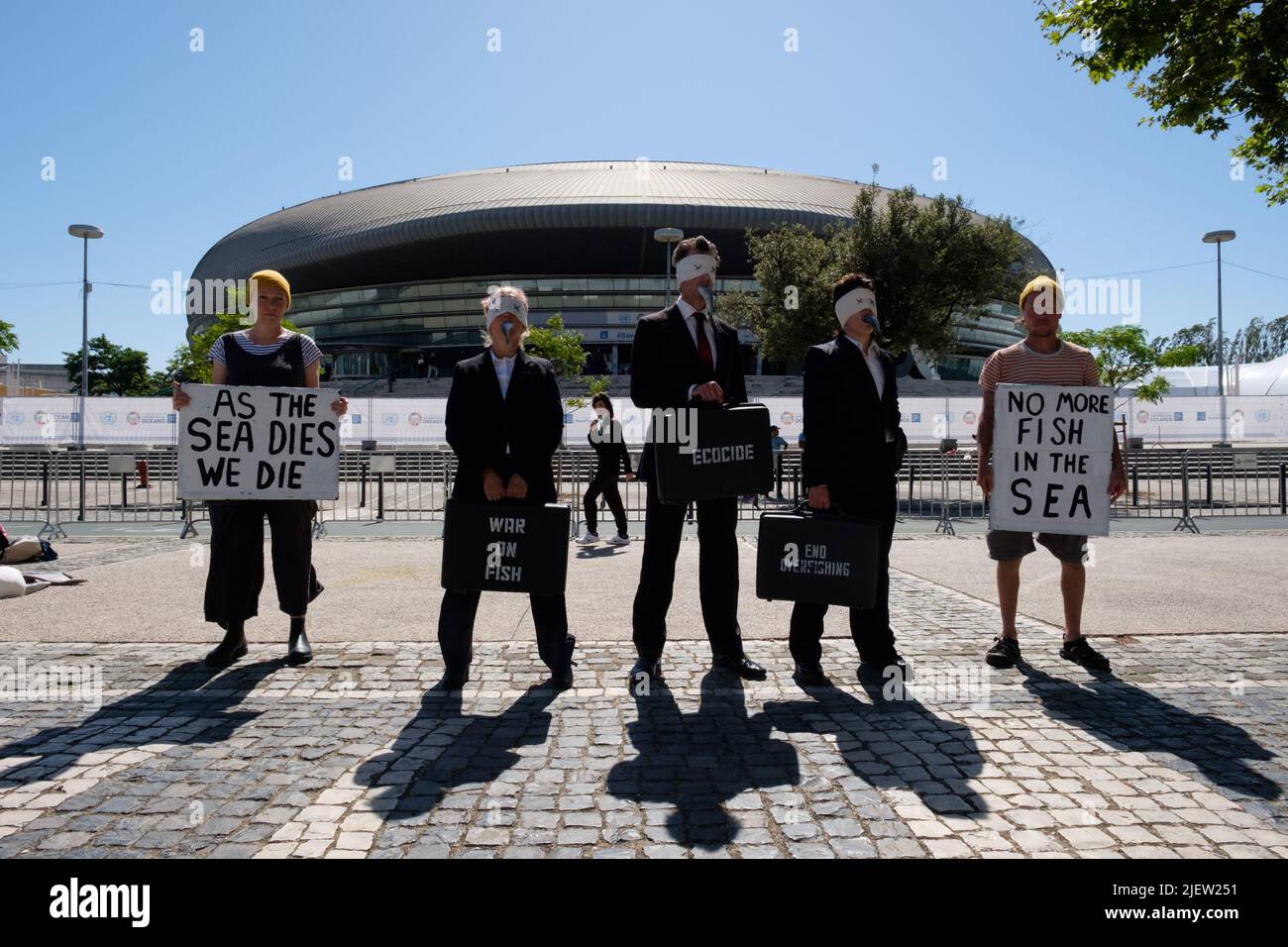 Lisbon, Portugal. 28th JUN 2022. Three blind personas with bandaged ...
