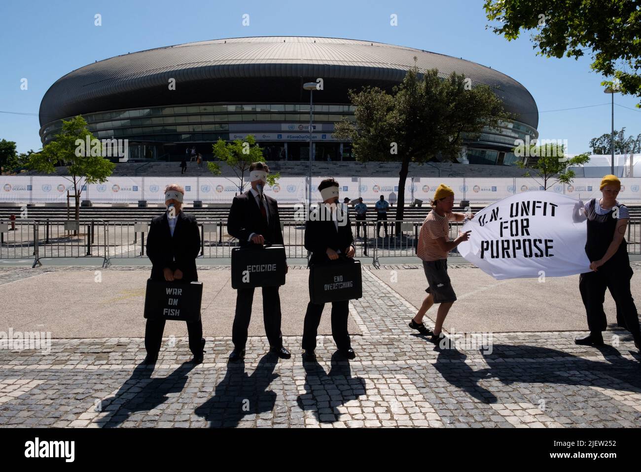 Lisbon, Portugal. 28th JUN 2022. Three blind personas with bandaged ...
