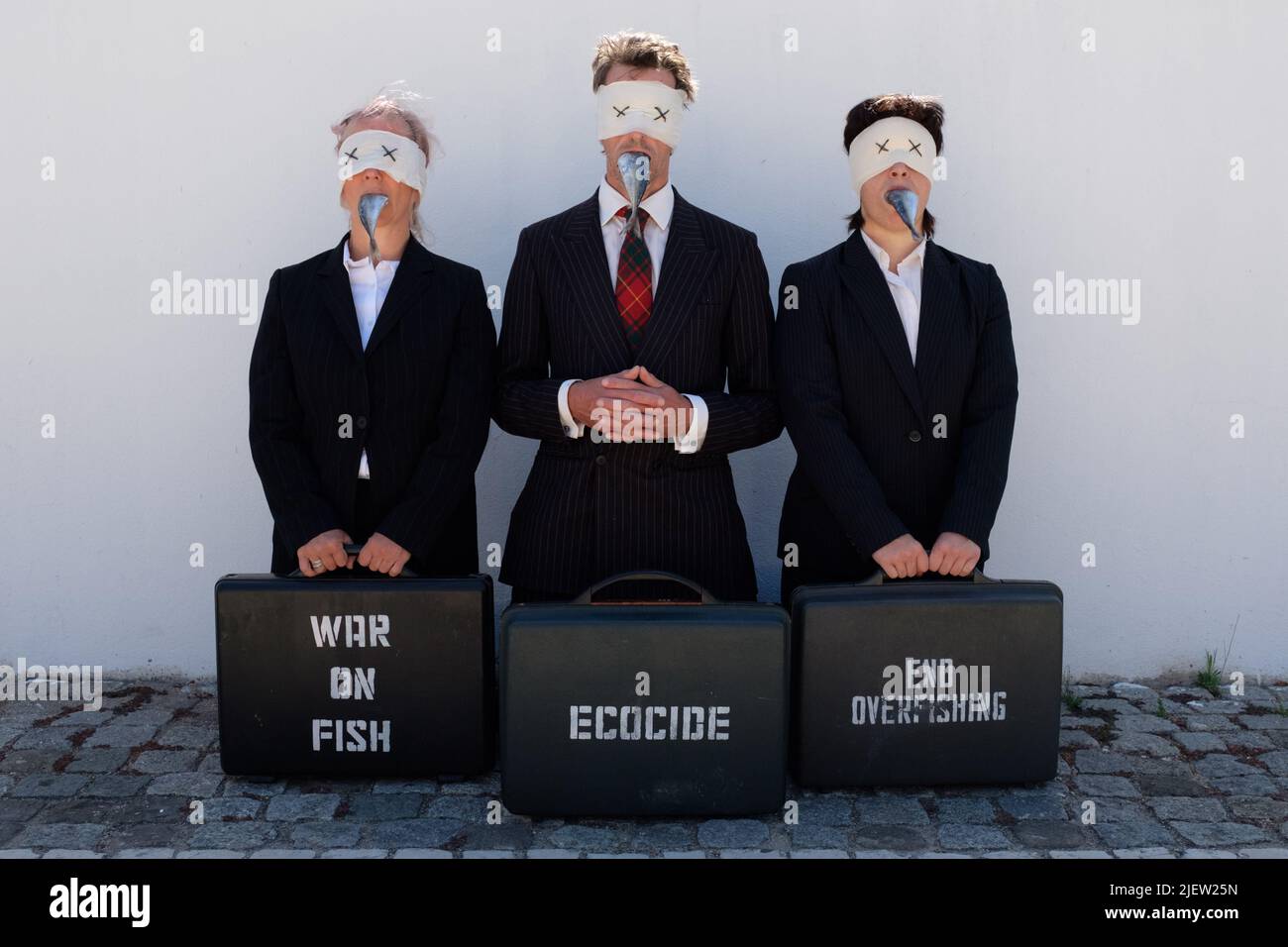 Lisbon, Portugal. 28th JUN 2022. Three blind personas with bandaged ...