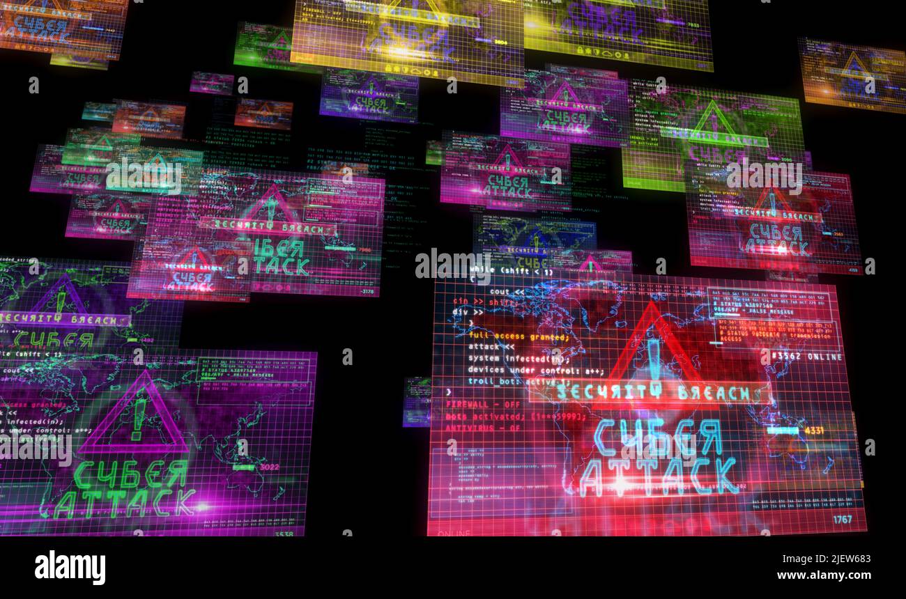 Cyberattack on computer screen. Cyber attack, security breach and russian hacker abstract ...