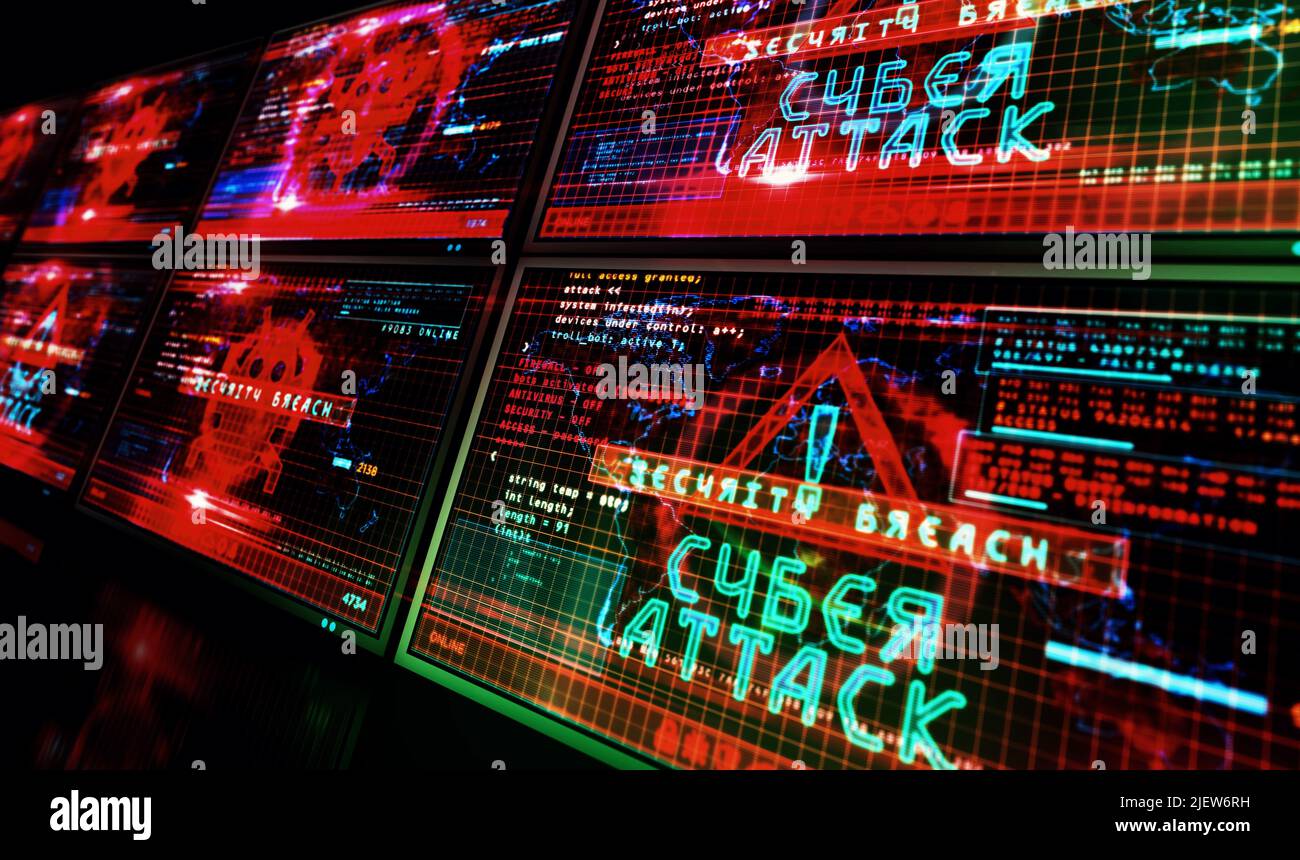 Cyberattack on computer screen. Cyber attack, security breach and russian hacker abstract ...