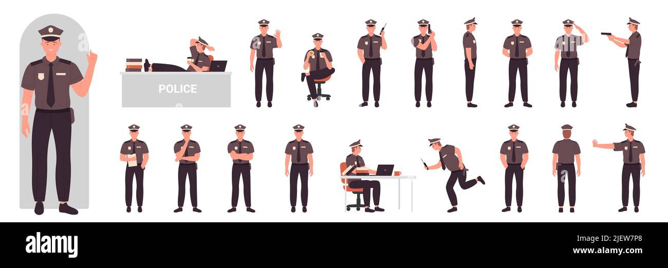 Male policeman character in dynamic poses, side, front and back view ...