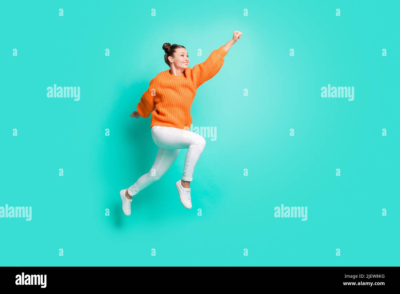 Full Size Profile Photo Of Optimistic Nice Brunet Lady Jump Wear