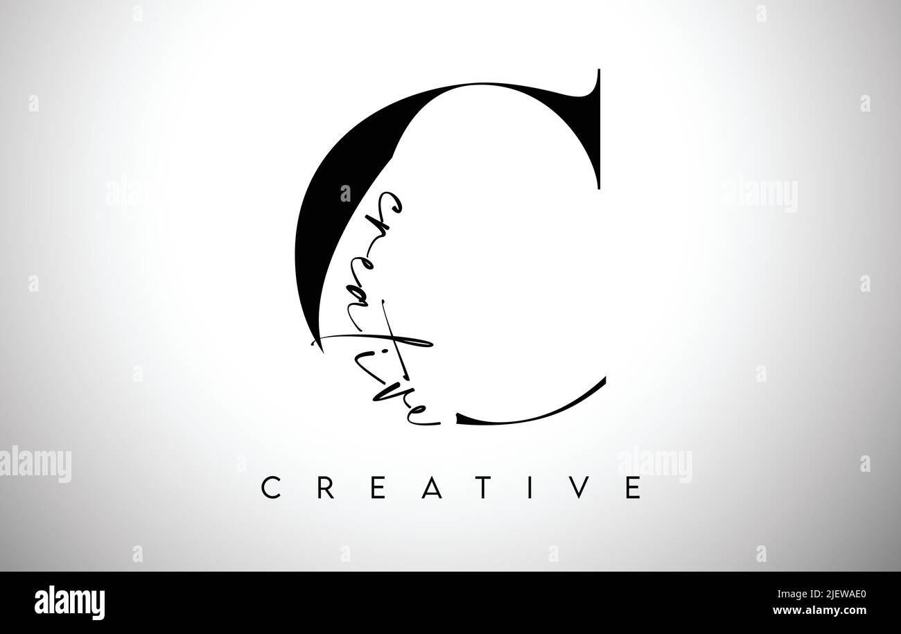 C Letter Design with Creative Cut and Serif Font in Black and White ...