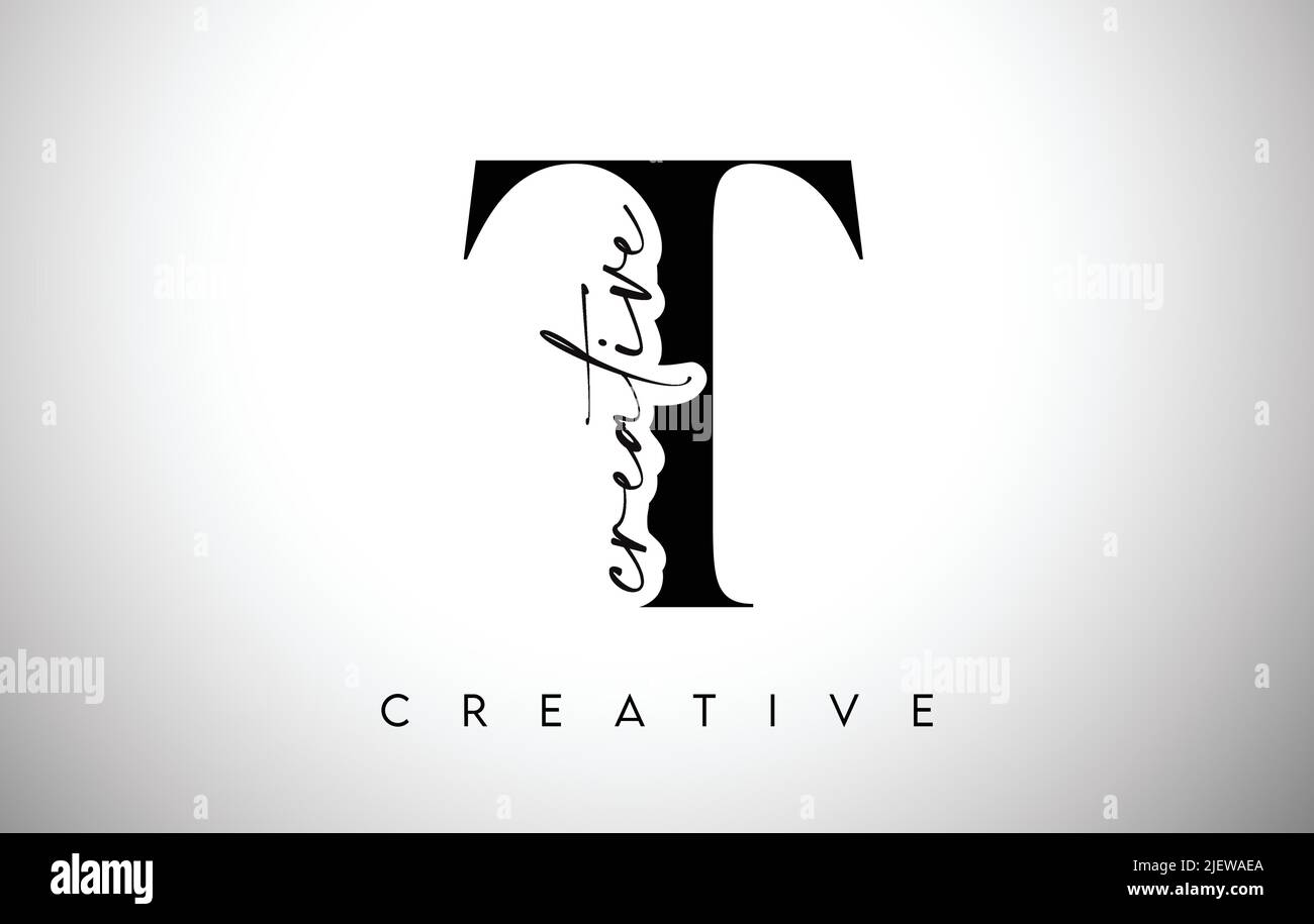 T Letter Design with Creative Cut and Serif Font in Black and White ...