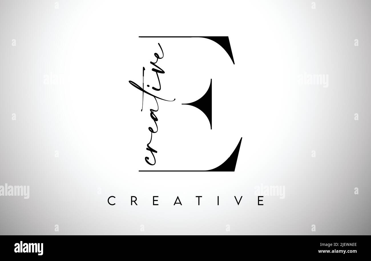 E Letter Design with Creative Cut and Serif Font in Black and White ...