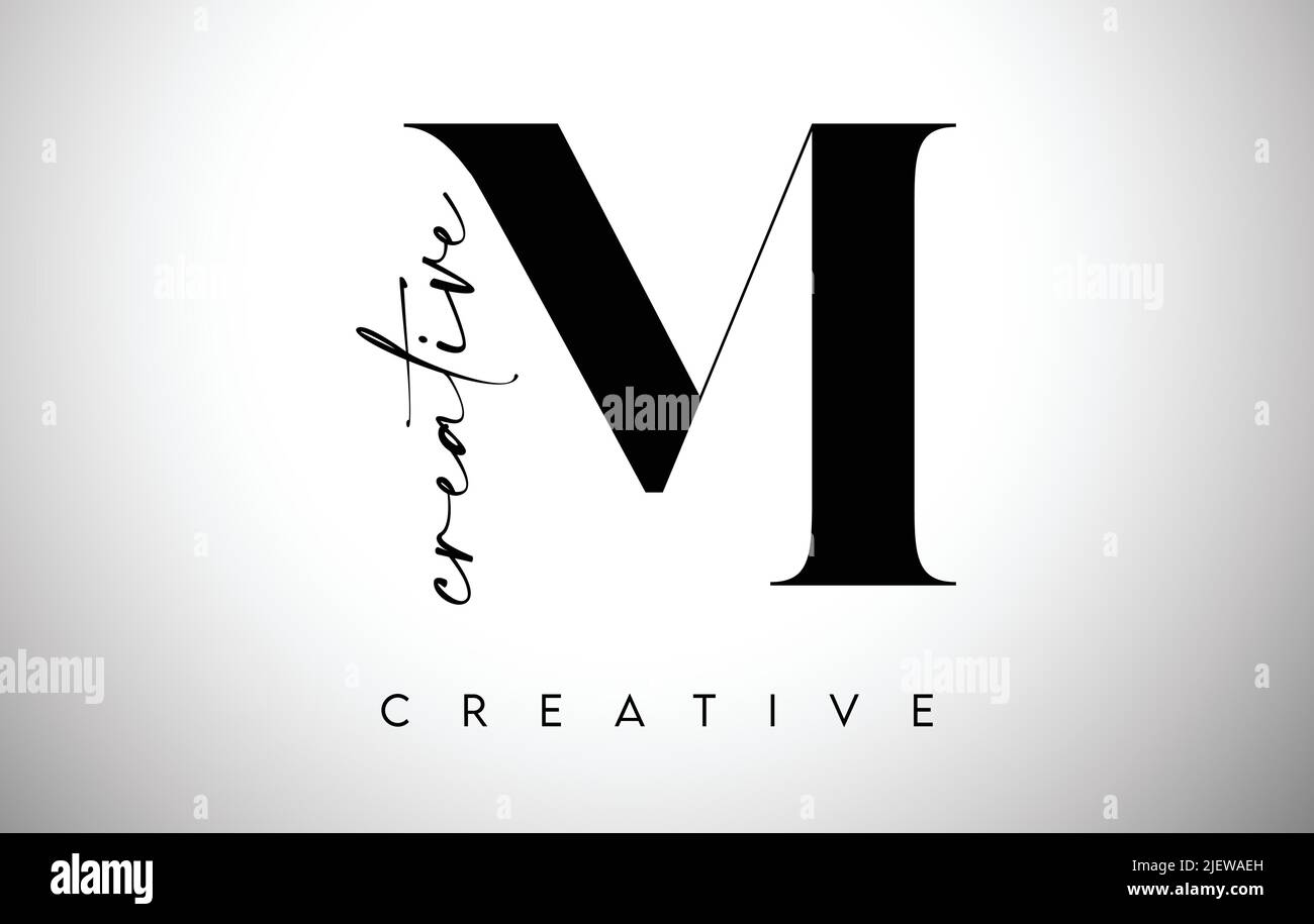 M Letter Design with Creative Cut and Serif Font in Black and White ...