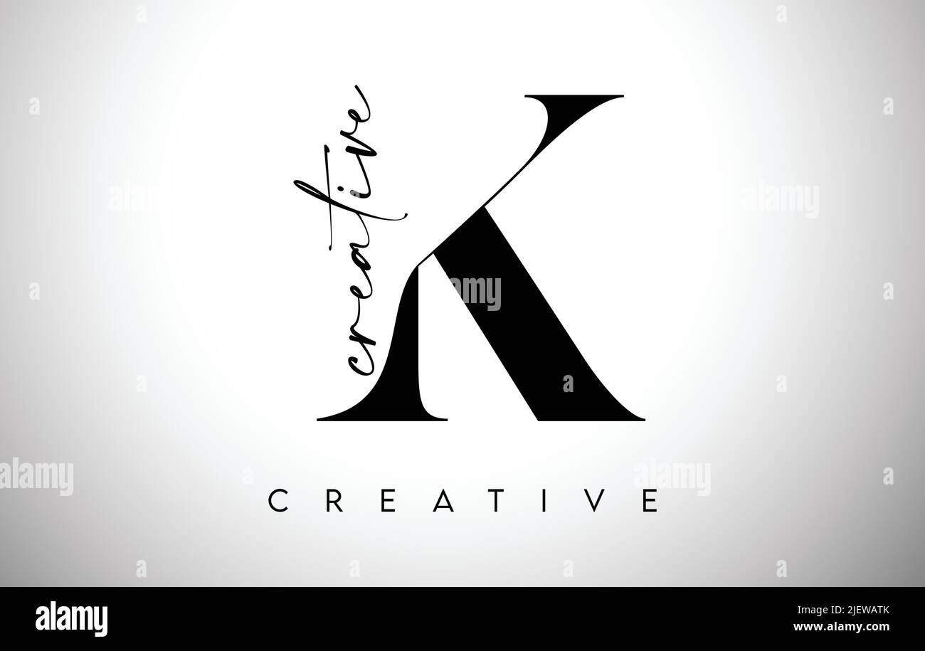 K Letter Design with Creative Cut and Serif Font in Black and White ...