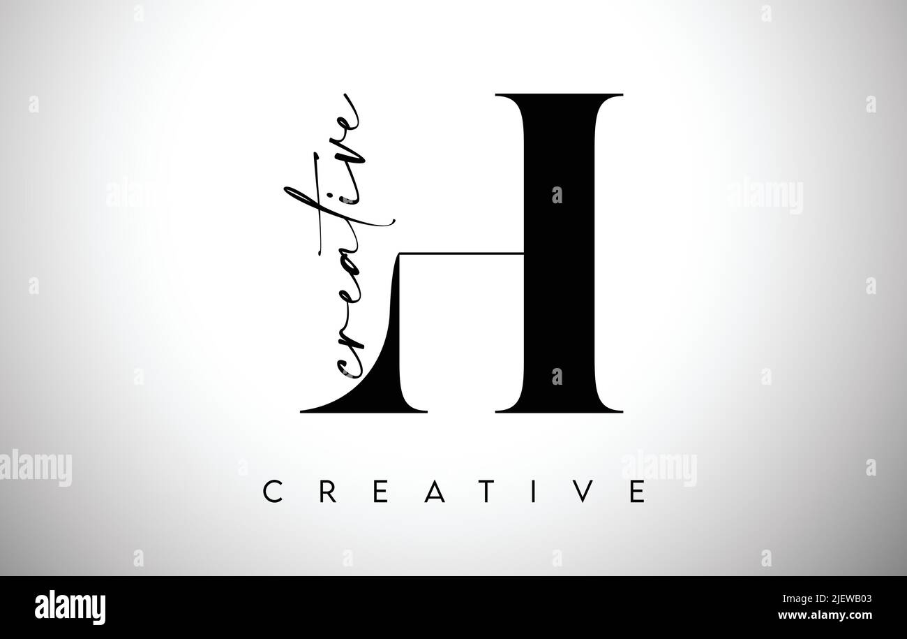 H Letter Design with Creative Cut and Serif Font in Black and White ...