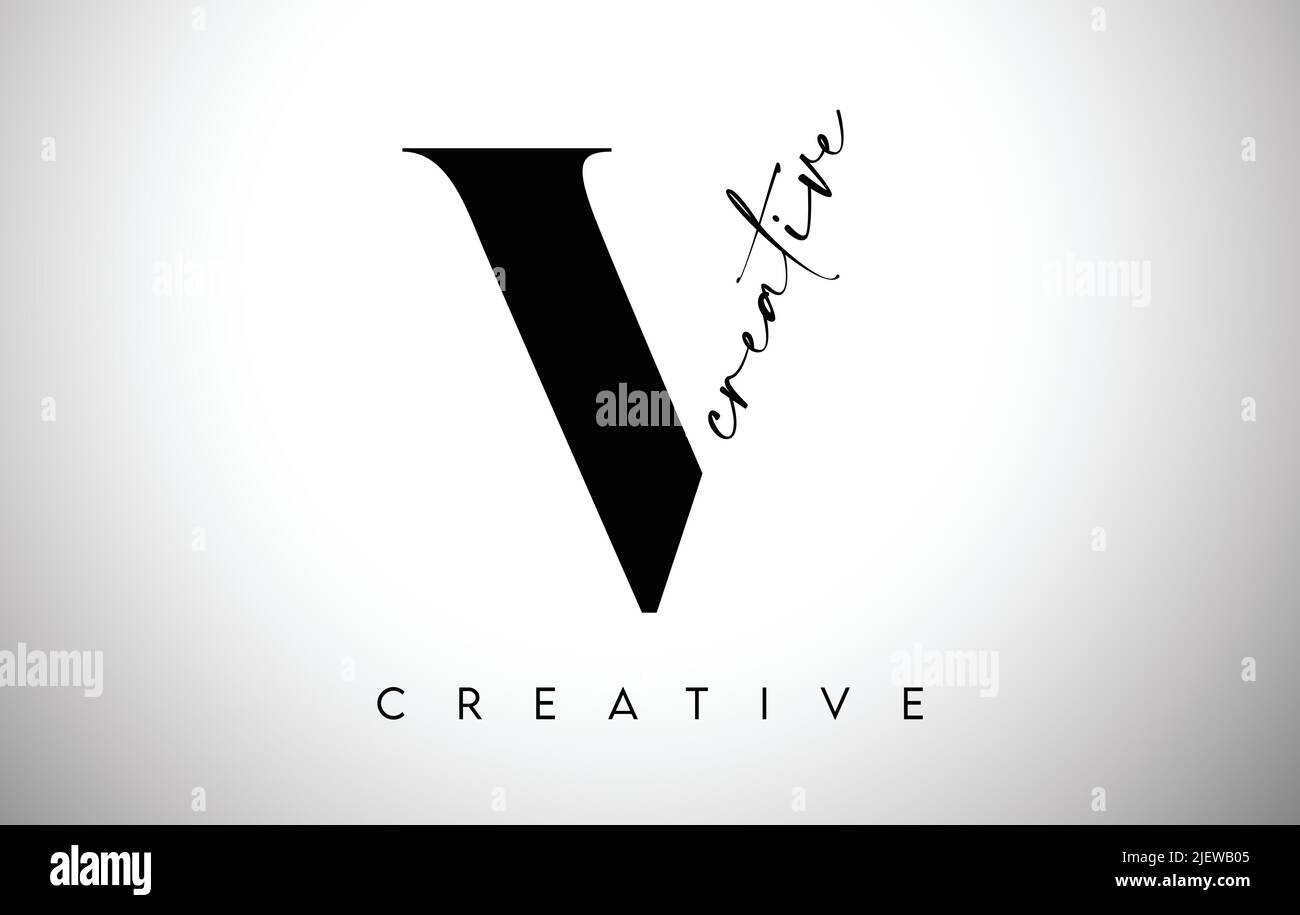 V Letter Design with Creative Cut and Serif Font in Black and White ...