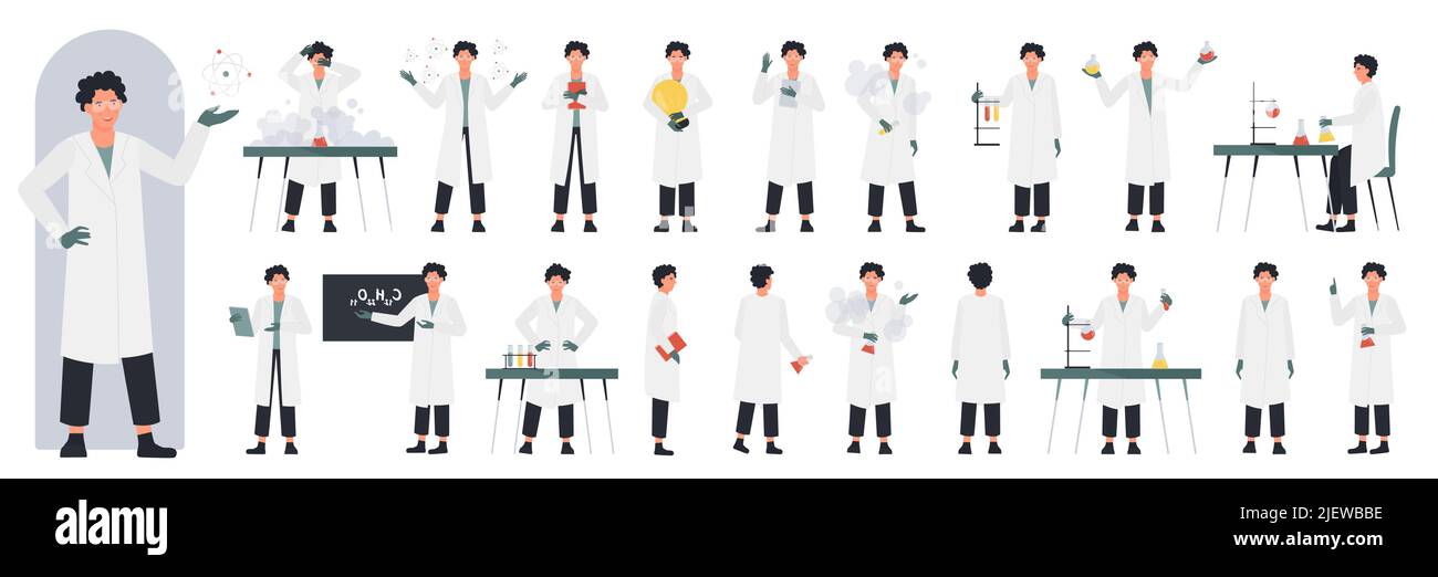 Scientist character in research poses, side, front and back view set ...