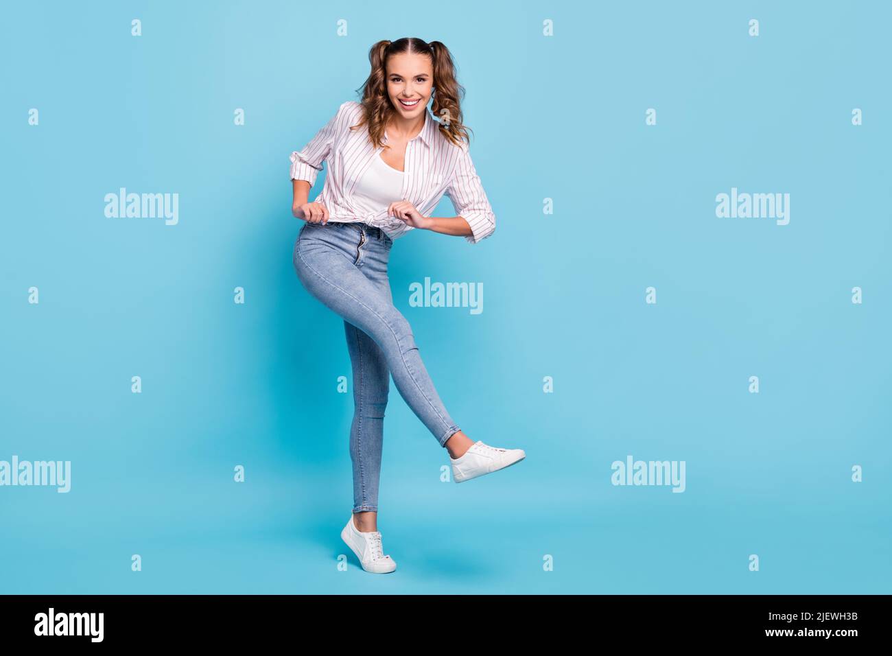 Full length body size photo of girl with tails dancing kicking at party ...
