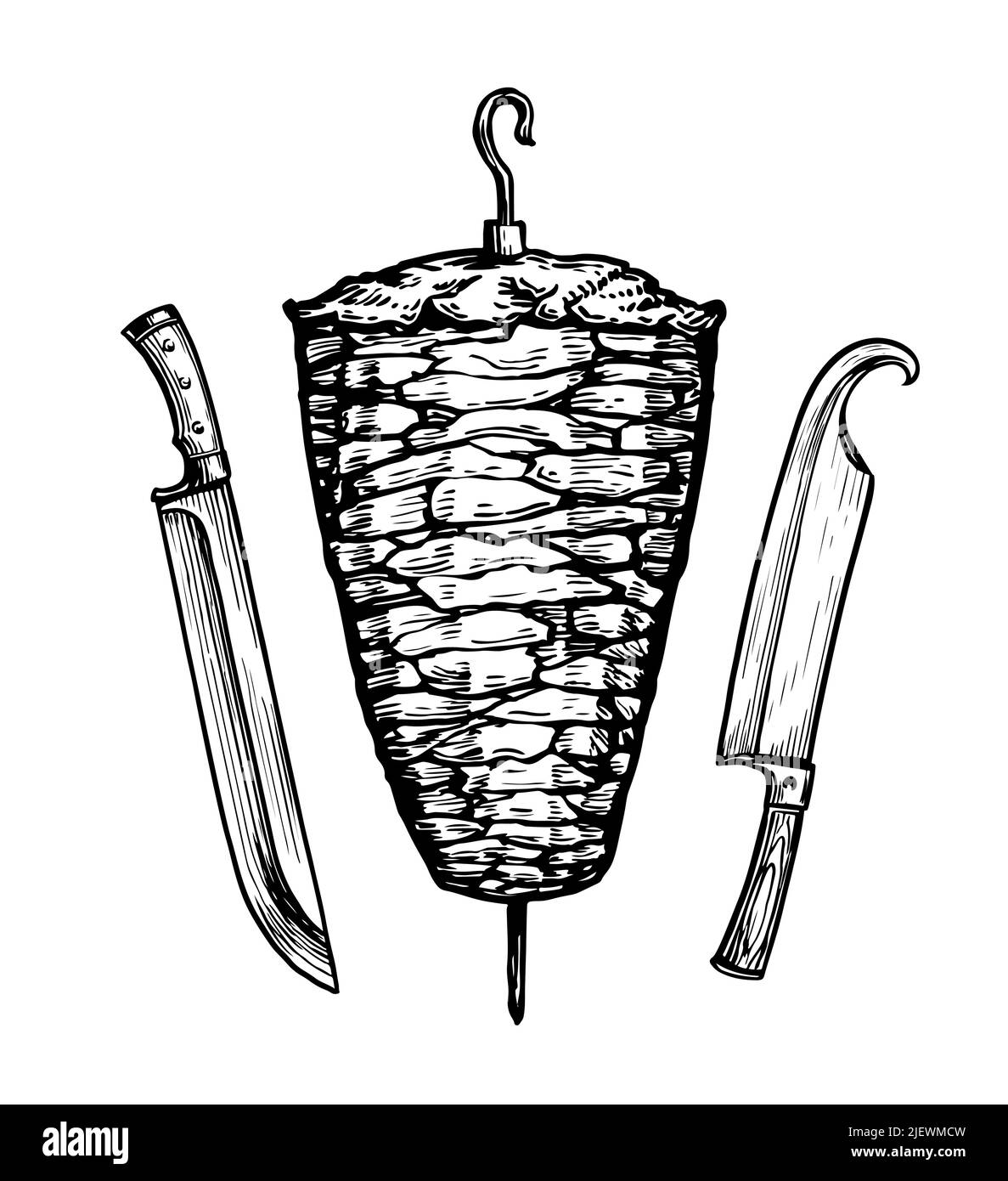 Shawarma meat on skewer isolated on white background. Kebab vector hand ...