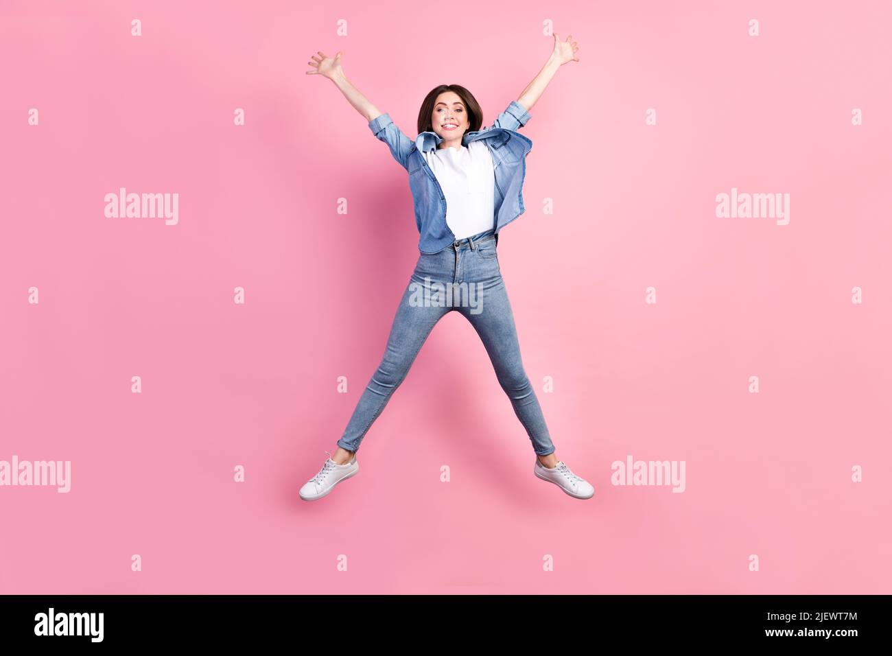 Full length body size photo of pretty girl jumping high careless ...