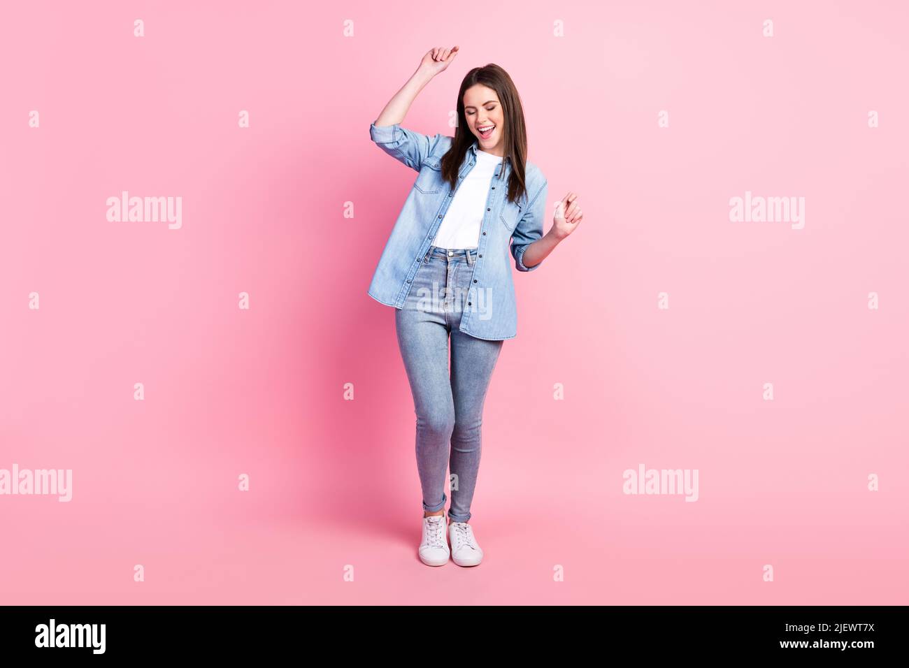 Full size photo of charming nice young lady dance smile good mood enjoy ...