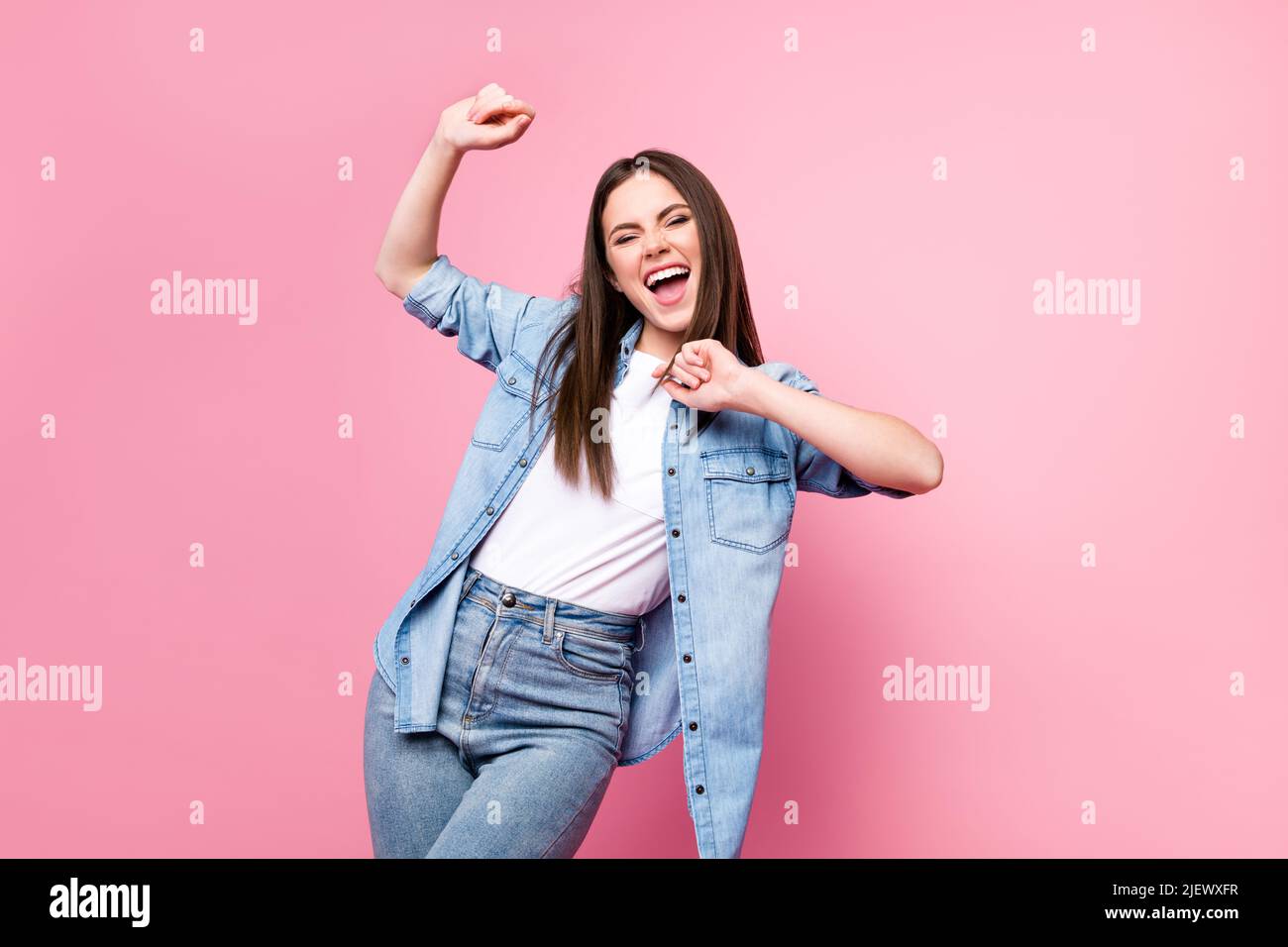 Photo of excited crazy joyful happy young woman dance good mood ...