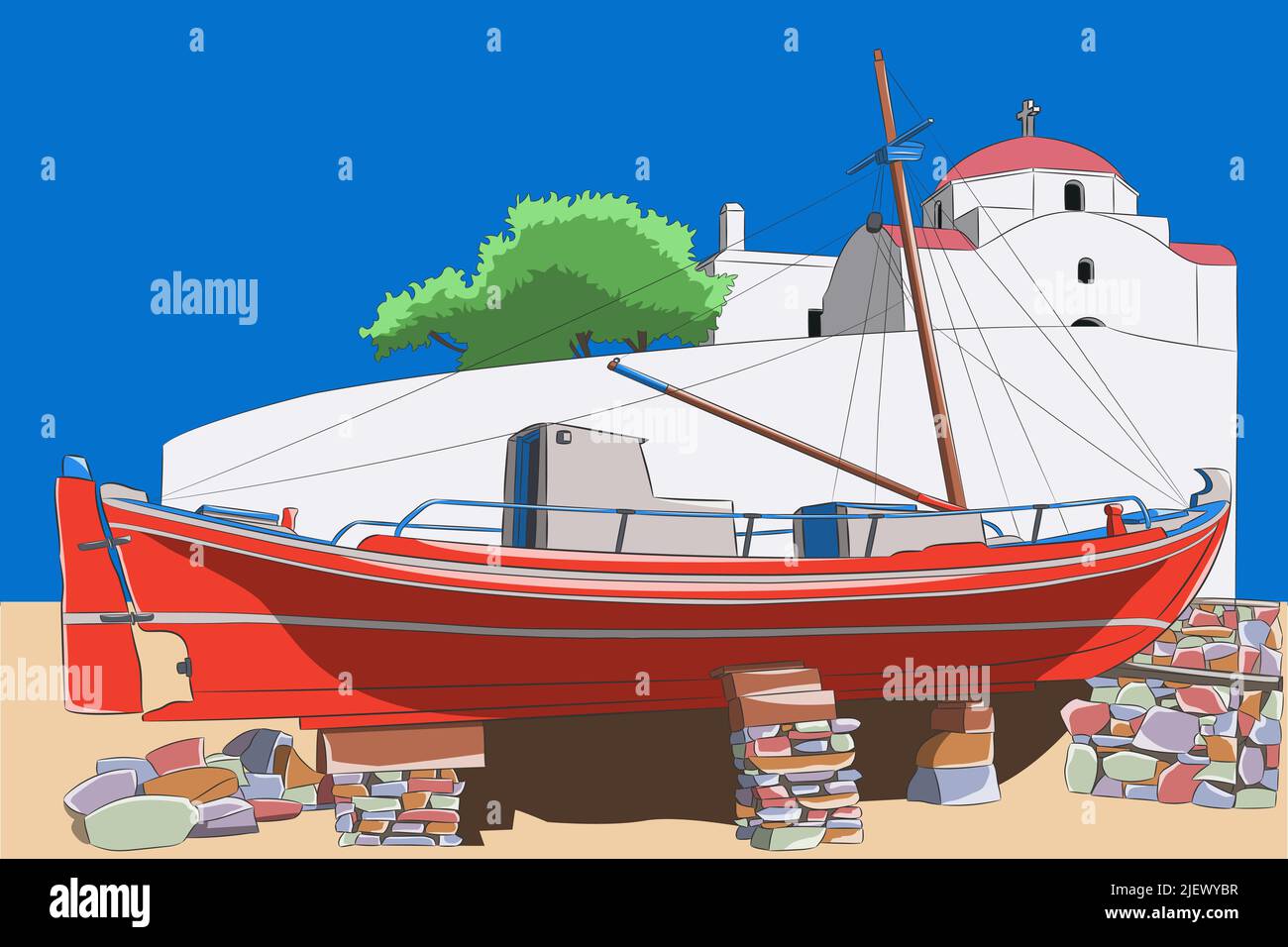 Wooden fishing Greek boat on the background of a traditional white ...