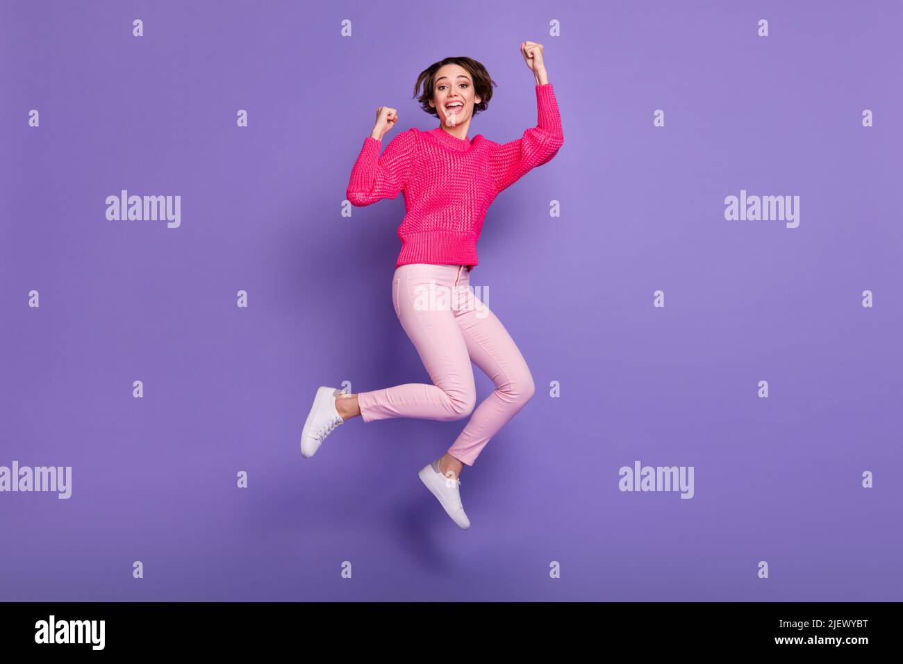 Full body photo of young girl happy celebrate win victory jump up wear ...